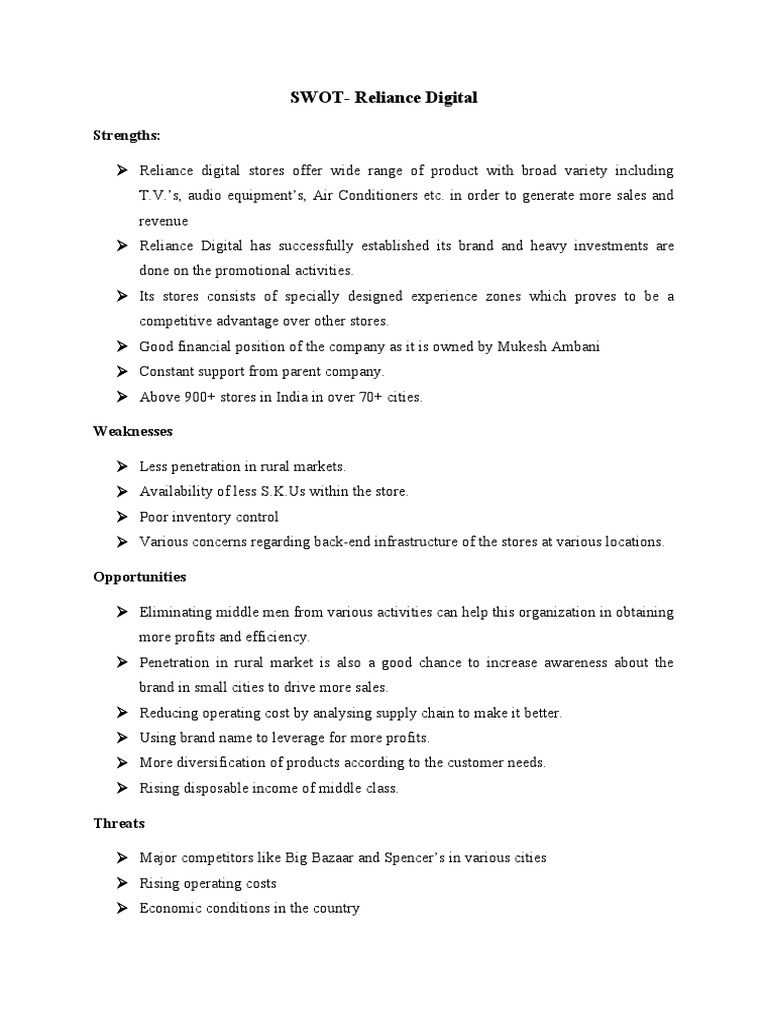 SWOT Analysis of Reliance Digital | PDF