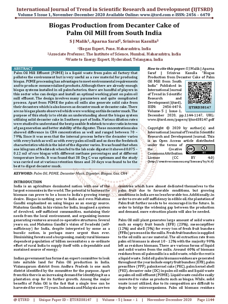 Biogas Production From Decanter Cake of Palm Oil Mill From South India ...