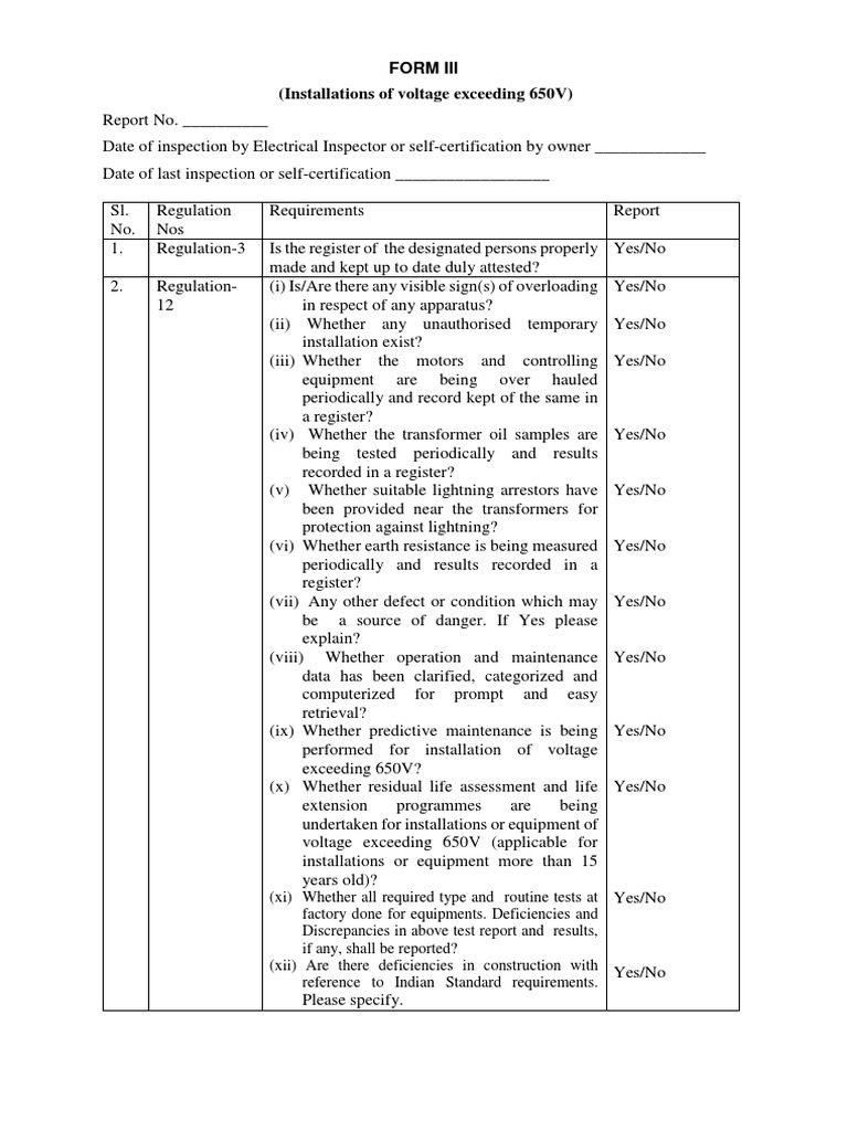 Form Iii (Installations of Voltage Exceeding 650V) | PDF | Electrical ...