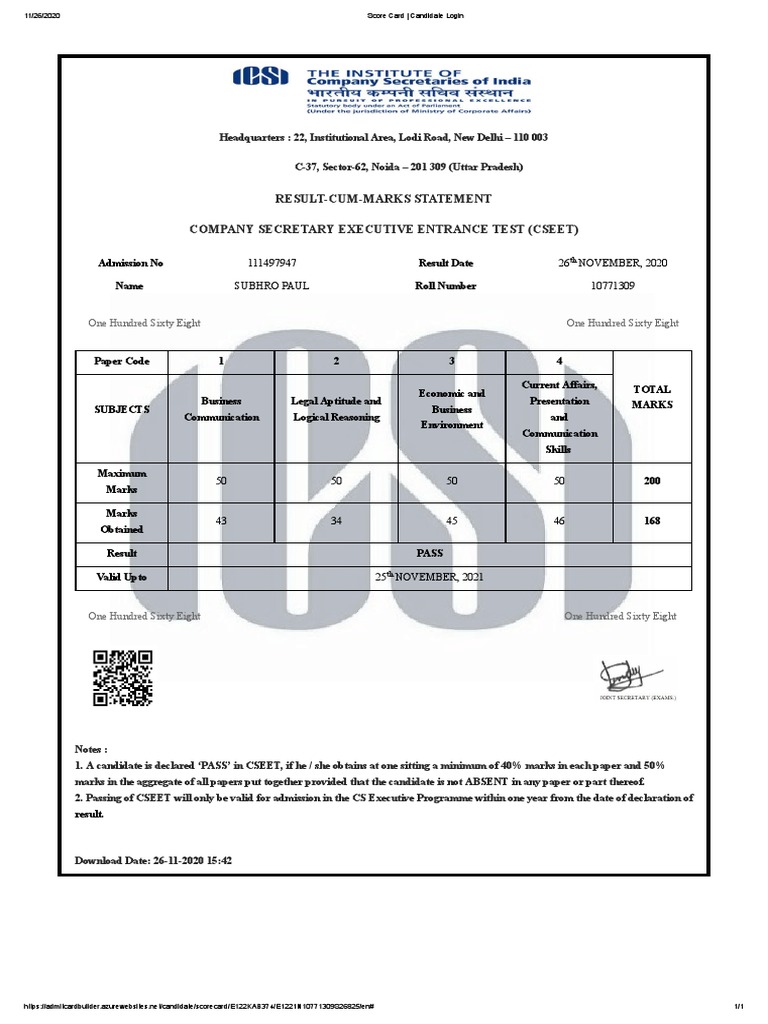 Result-Cum-Marks Statement Company Secretary Executive Entrance Test ...