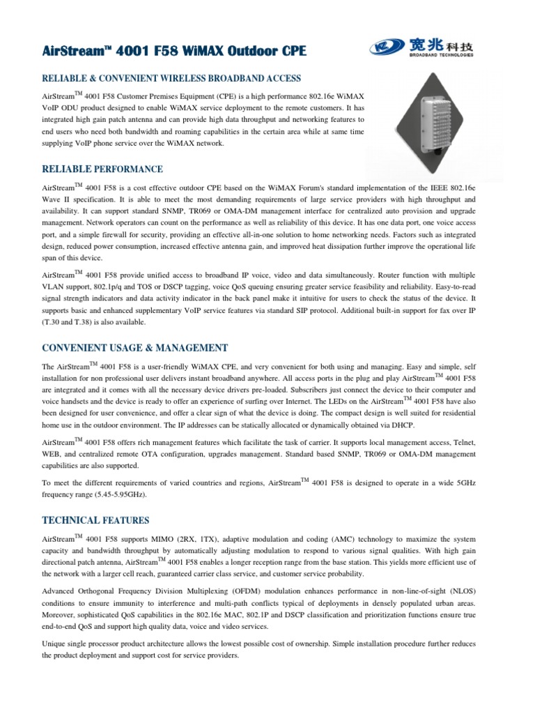 Airstream 4001 F58 Wimax Outdoor Cpe: Reliable | PDF | Voice Over Ip ...