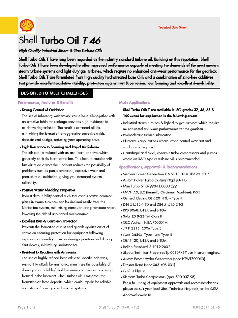 Shell Turbo Oil T46: Performance, Features & Benefits Main Applications ...