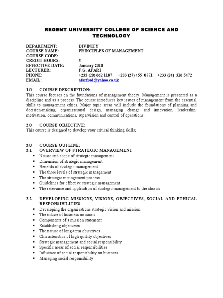 Principles of Management Course Outline | PDF | Strategic Management ...