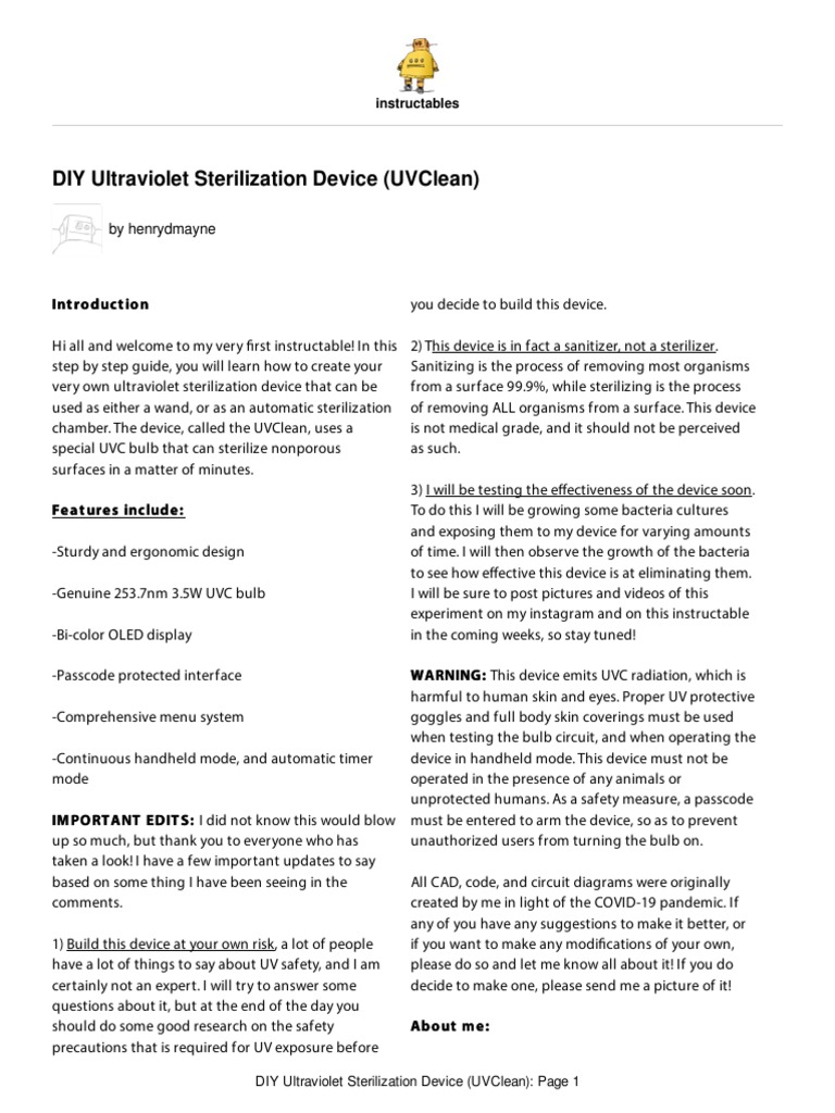 DIY UVClean: Ultraviolet Sanitizer Guide | PDF | Technology & Engineering
