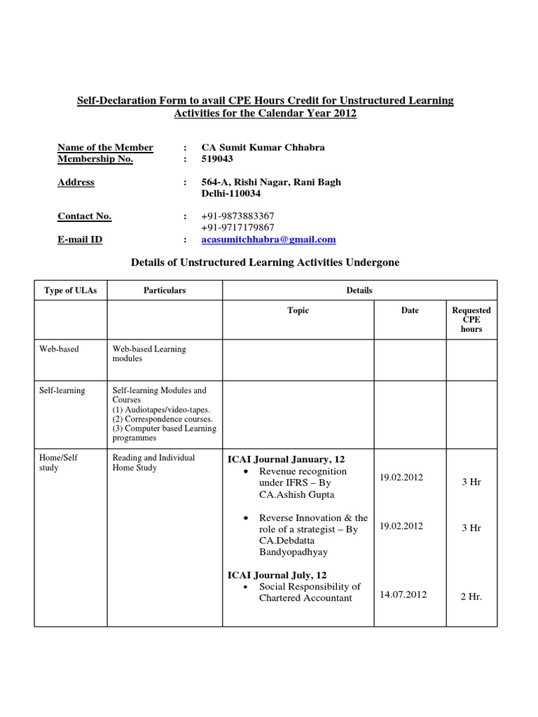 Self-Declaration Form To Avail CPE Hours Credit For Unstructured ...