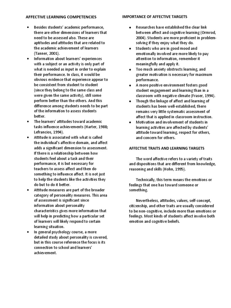 Affective Learning Competencies: Importance of Affective Targets | PDF ...