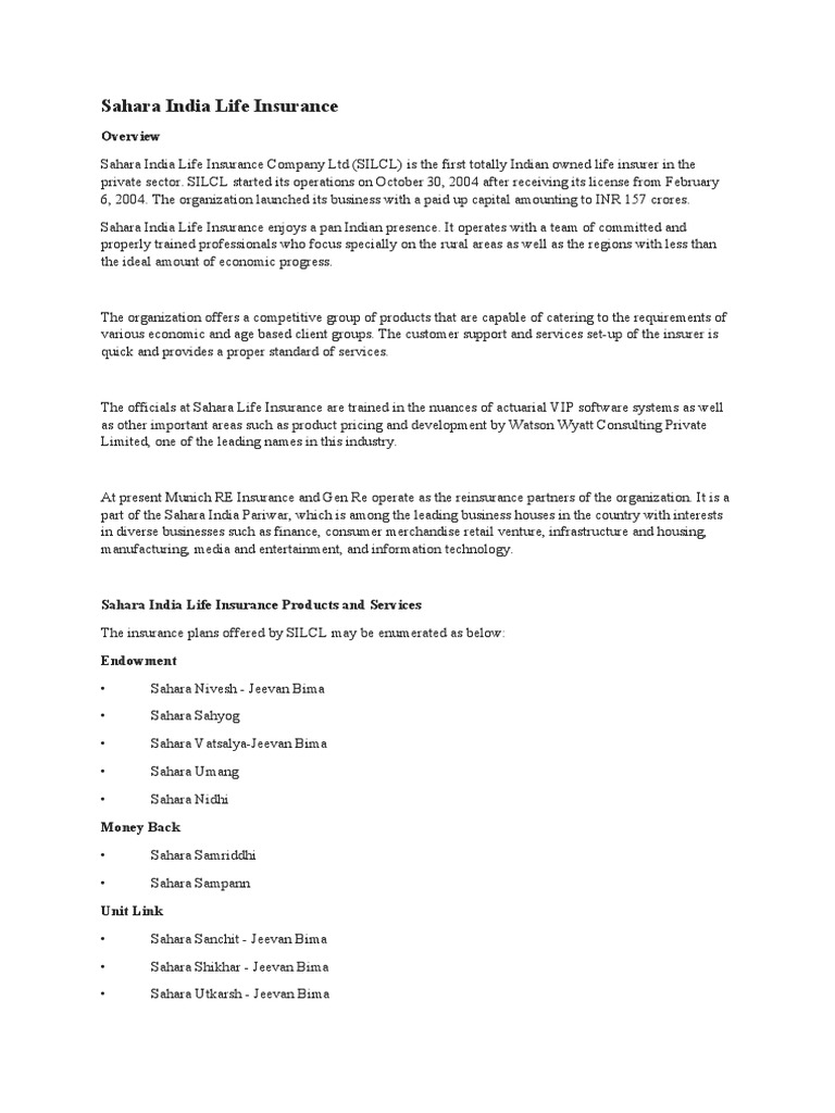 Sahara India Life Insurance Assign 1 | PDF | Insurance | Financial Services