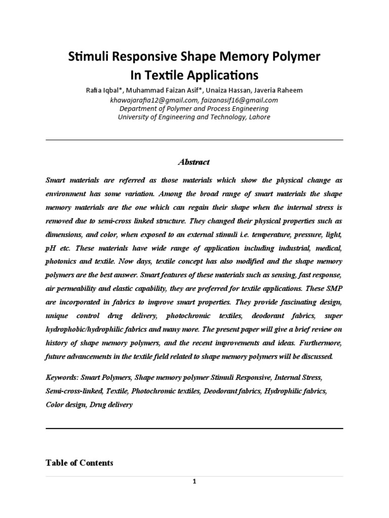 Stimuli Responsive Shape Memory Polymer in Textile Applications | PDF ...
