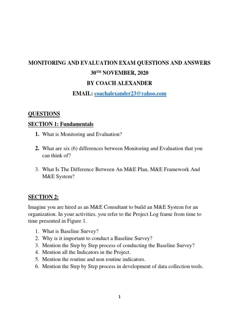 MONITORING AND EVALUATION EXAM QUESTIONS AND ANSWERS Part 1 | PDF ...