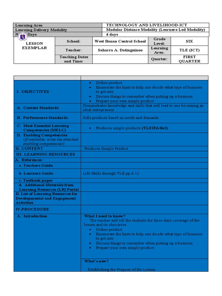 Tle 6 - Lesson Exemplar - Produces Simple Products | Download Free PDF ...