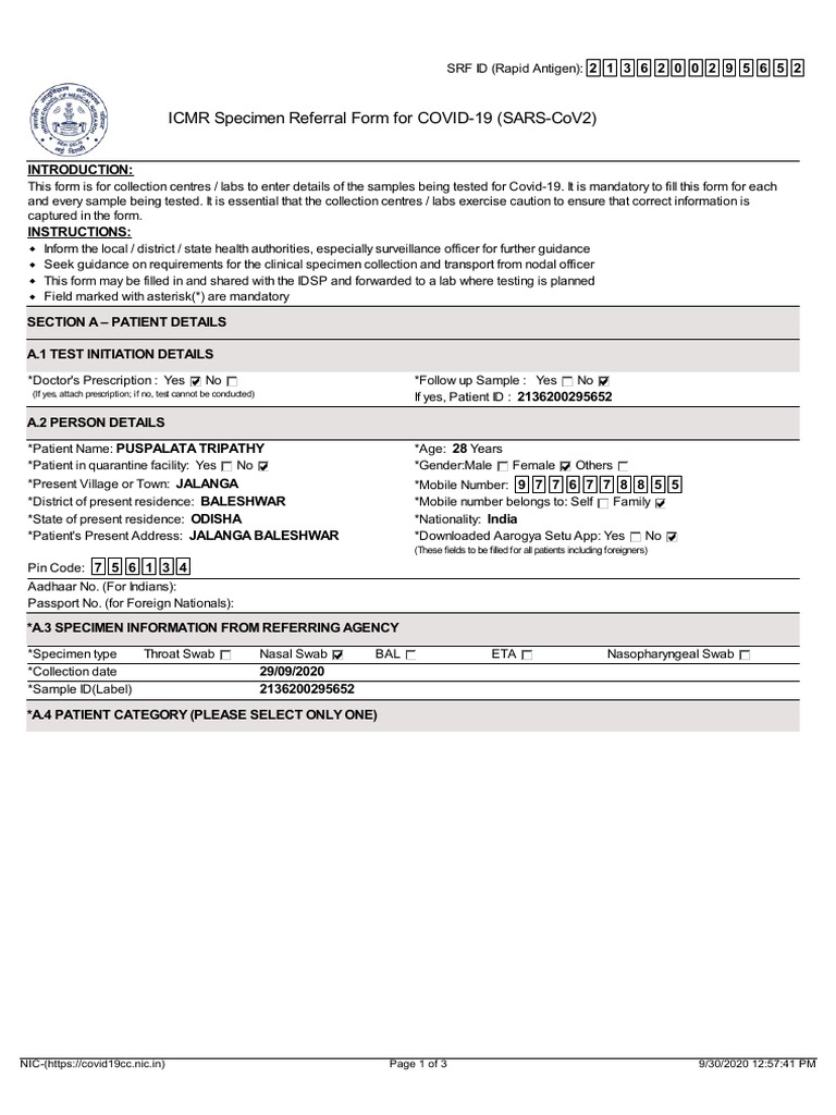 Icmr Specimen Referral Form For Covid-19 (Sars-Cov2) : (If Yes, Attach ...
