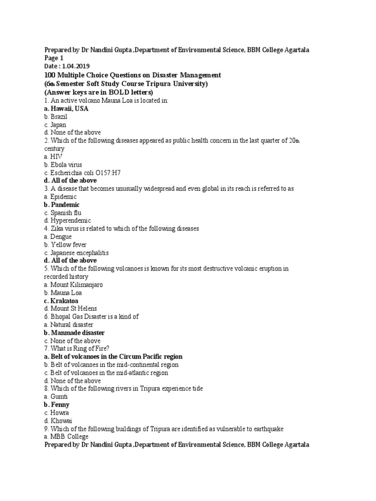 100 Multiple Choice Questions On Disaster Management (6 Semester Soft ...