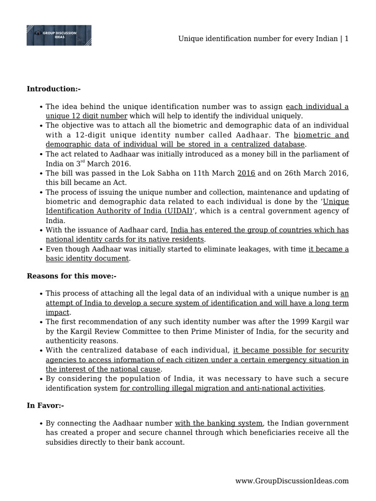 Unique Identification Number For Every Indian | PDF | Identity Document ...