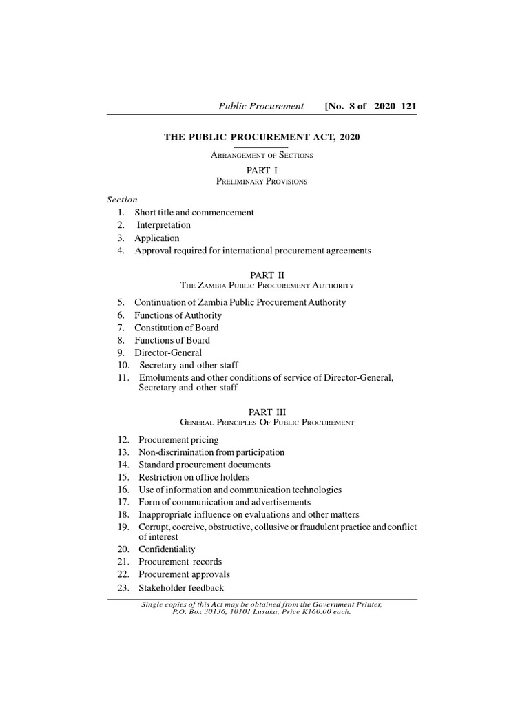 Zambia Public Procurement Act 2020 | PDF | Procurement | Policy