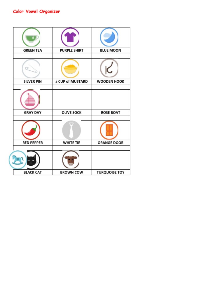 Color Vowel Organizer: Green Tea Purple Shirt Blue Moon | PDF