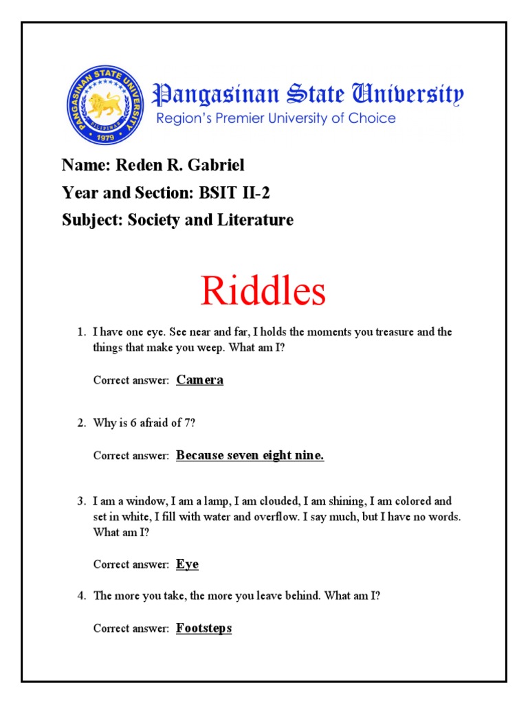 Riddles: Name: Reden R. Gabriel Year and Section: BSIT II-2 Subject ...