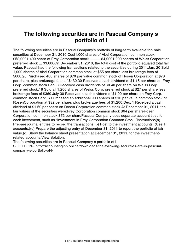 The Following Securities Are in Pascual Company S Portfolio of L PDF ...
