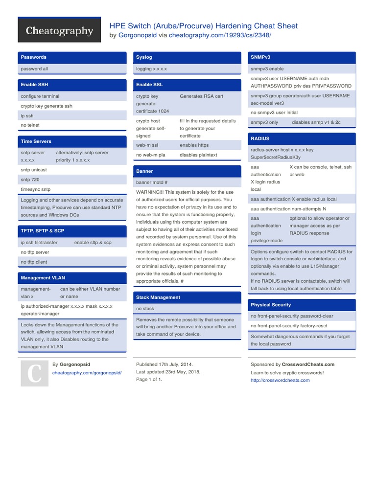 HPE Switch (Aruba/Procurve) Hardening Cheat Sheet: by Via | PDF | Radius | Transport Layer Security
