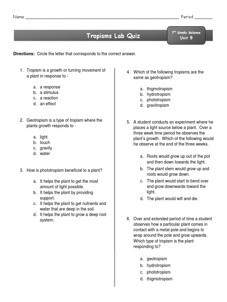 Tropisms Lab Quiz: Directions | PDF | Plant Physiology | Branches Of Botany