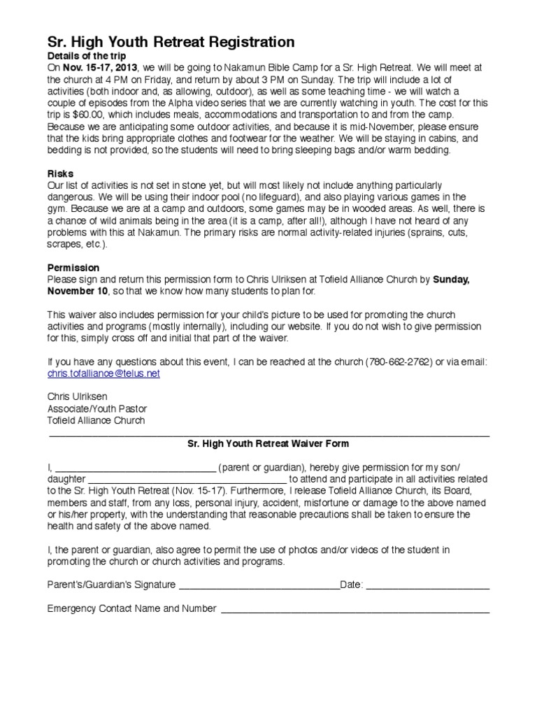 Sr. High Youth Retreat Registration: Details of The Trip | PDF ...