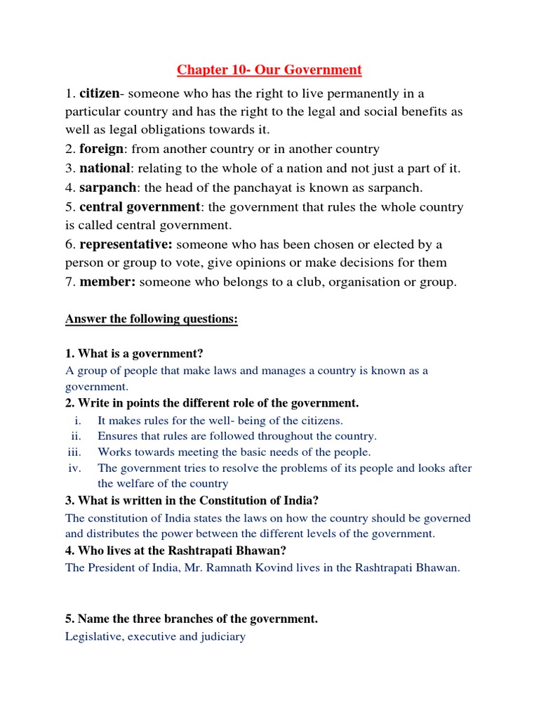 GR 4 Chapter 10 Our Government Notebook Work | PDF | Federal Government ...