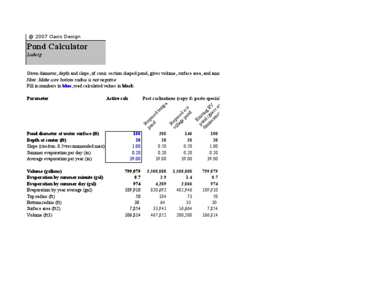 Pond Calculator for Diameter, Depth, Slope & Evaporation Rates | PDF ...