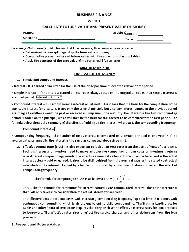 Week 1 Calculate Future Value and Present Value of Money: Business Finance | PDF | Present Value ...