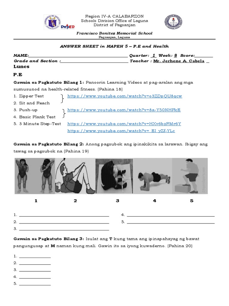 Answer Sheet For MAPEH 5 PE Health Week 8 | PDF