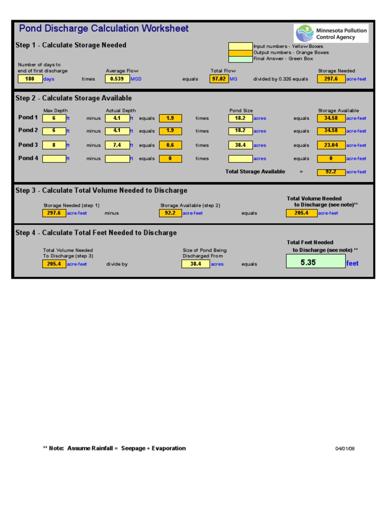 Pond Discharge Calculation Worksheet: Step 1 - Calculate Storage Needed ...