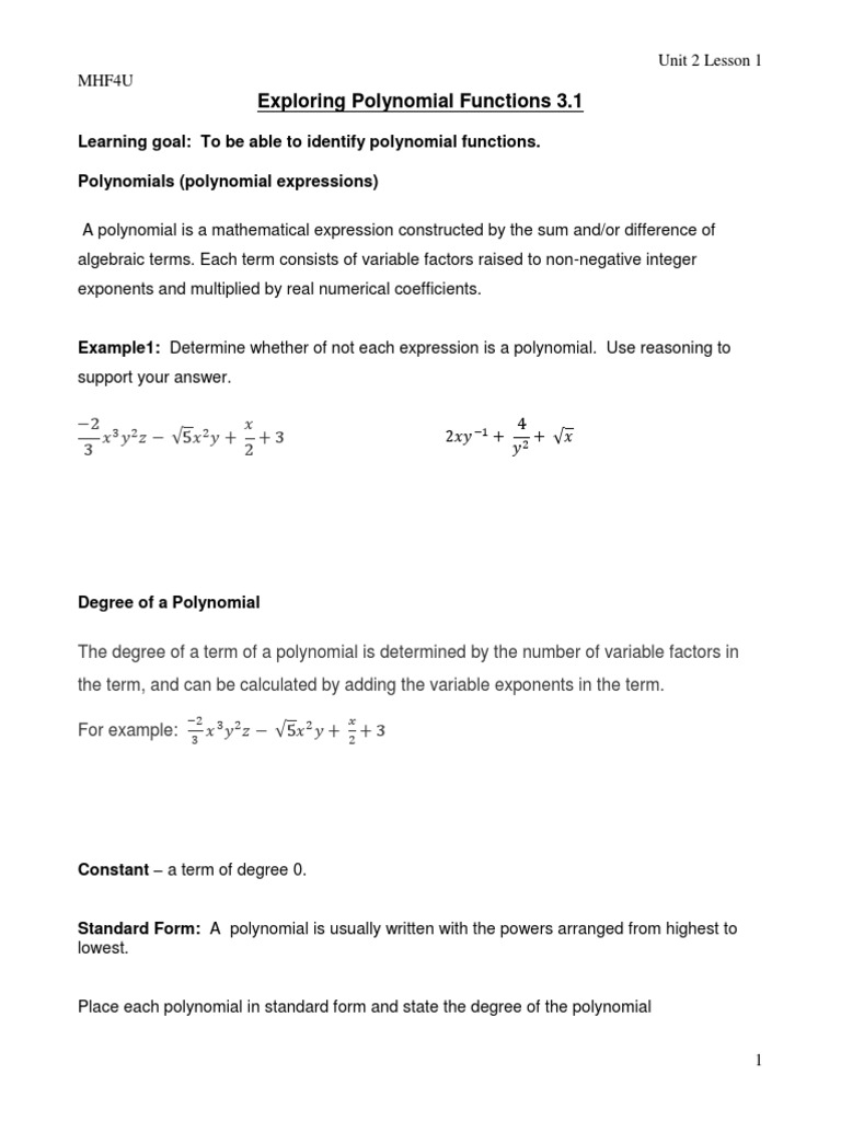 3.1 Exploring Polynomial Functions Filled in | PDF | Polynomial | Factorization