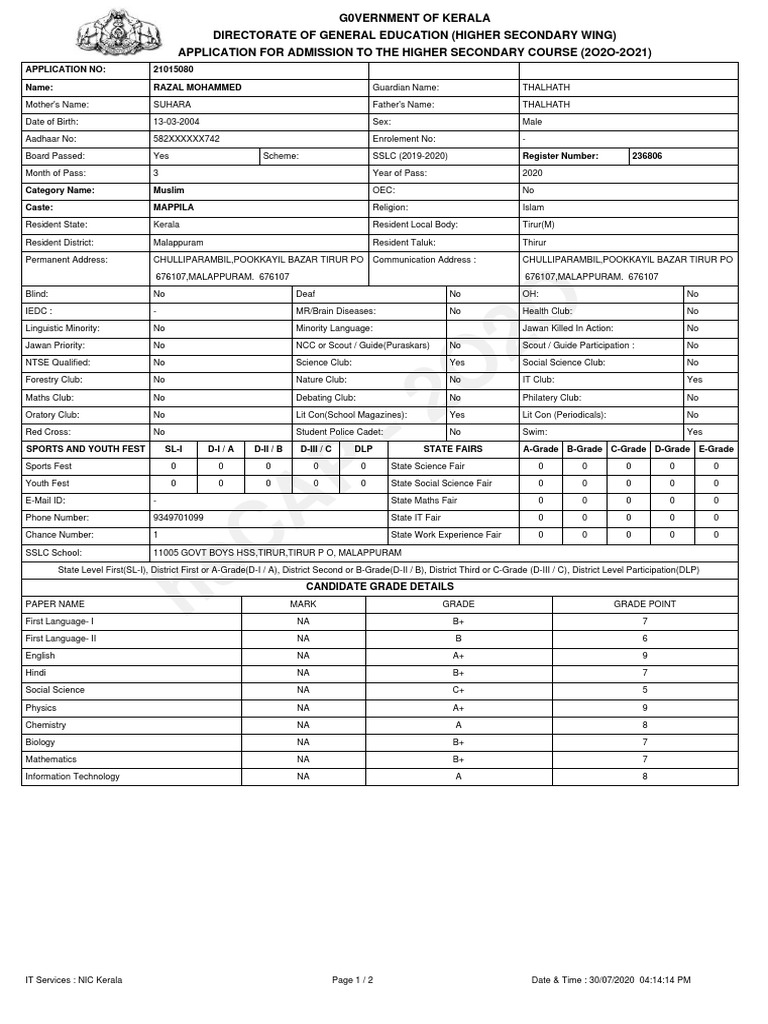 Hscap - 2O2O: Application No: 21015080 Name: Razal Mohammed | PDF