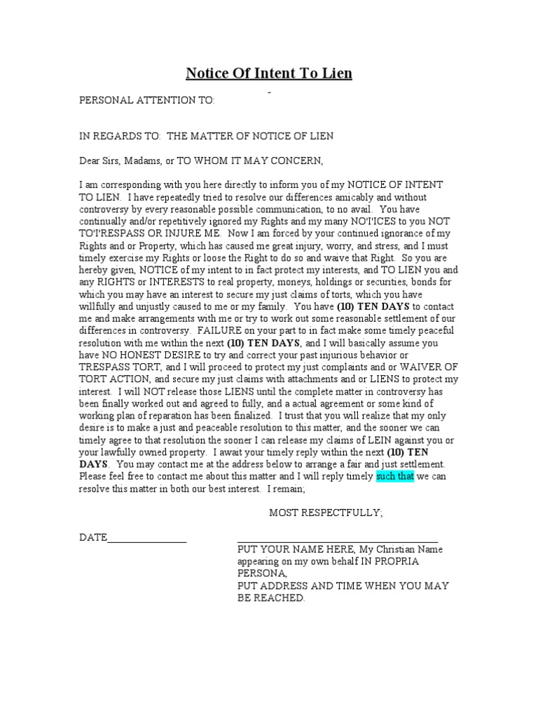 Notice of Intent to Lien Document | PDF | Trespass | Damages