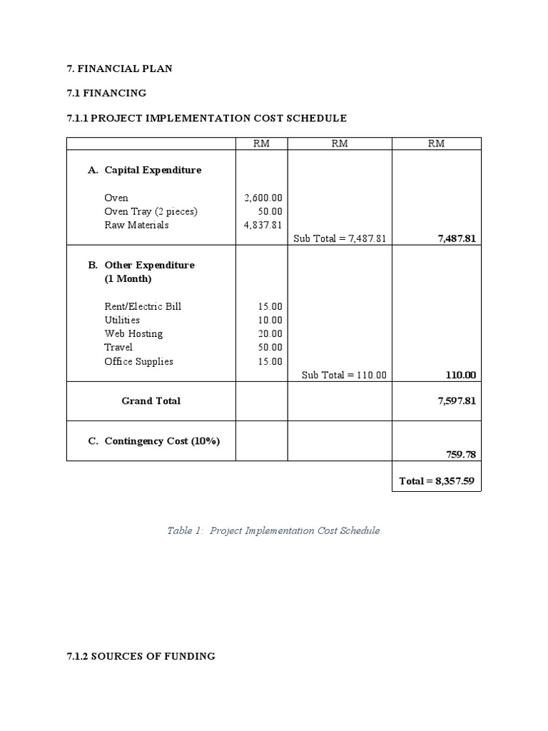 RM RM RM: 7. Financial Plan 7.1 Financing 7.1.1 Project Implementation ...