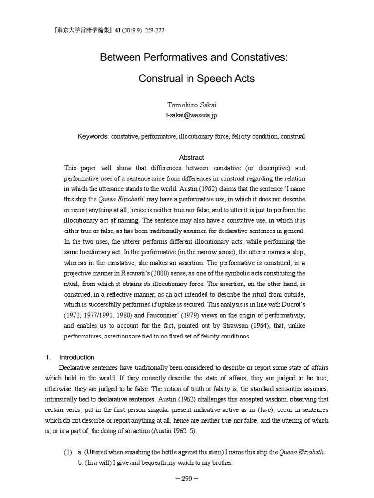 Between Performatives and Constatives: Construal in Speech Acts | PDF ...