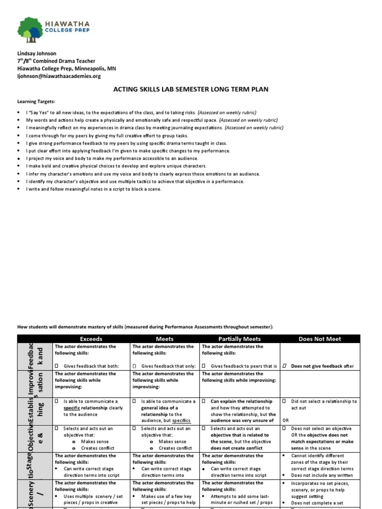 Drama Skills Lab Semester Plan | PDF | Improvisational Theatre | Rubric ...