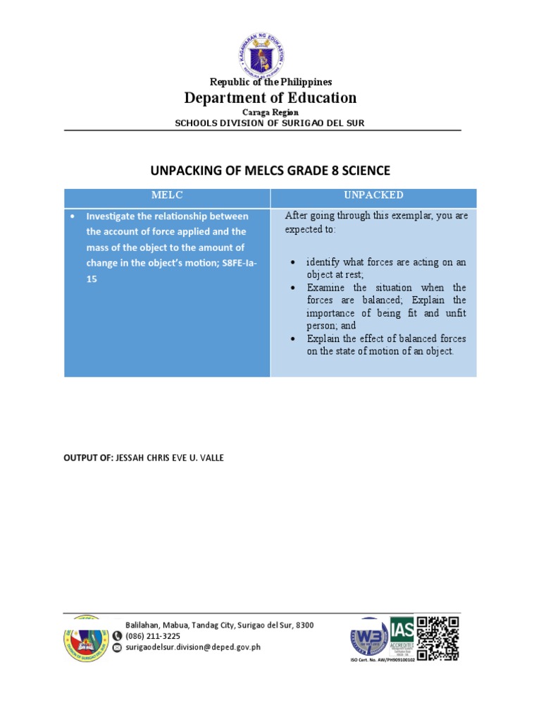 Department of Education: Unpacking of Melcs Grade 8 Science | PDF