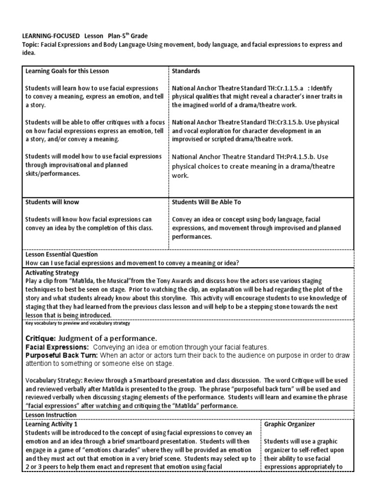 5th Grade Facial Expressions Lesson Plan-Part 1 (W:comments) | PDF ...