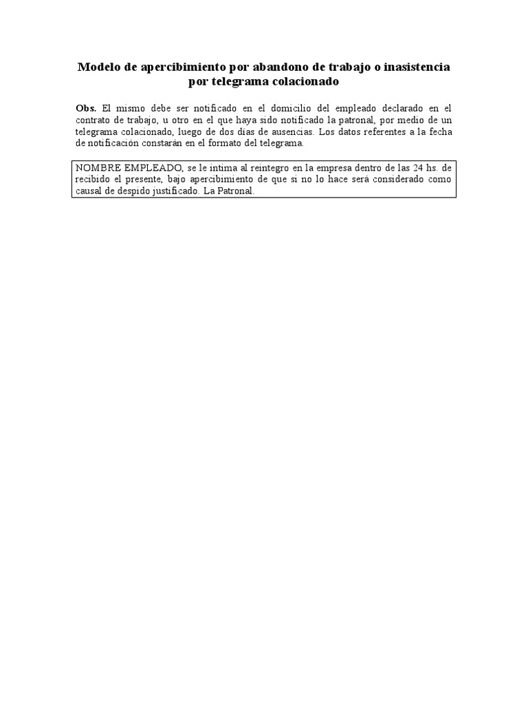 Modelo de Apercibimiento Por Abandono de Trabajo o Inasistencia Por ... Modelo de Apercibimiento Por Abandono de Trabajo o Inasistencia Por ...