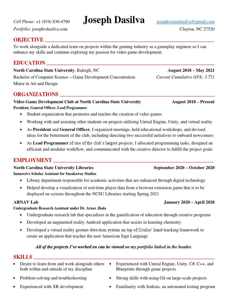 Joseph Dasilva Resume 2021 | PDF | Unity (Game Engine) | Virtual Reality