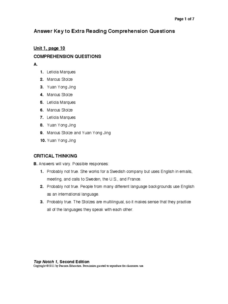 Answer Key To Extra Reading Comprehension Questions | PDF | Foods