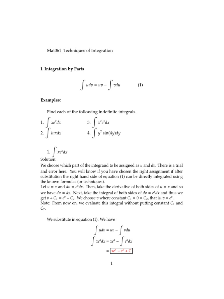 Mat061 Techniques of Integration: I. Integration by Parts | PDF ...