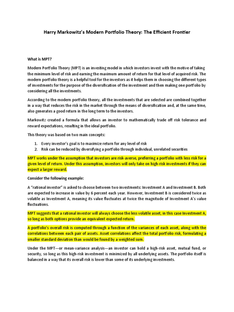 Harry Markowitz's Modern Portfolio Theory: The Efficient Frontier | PDF ...
