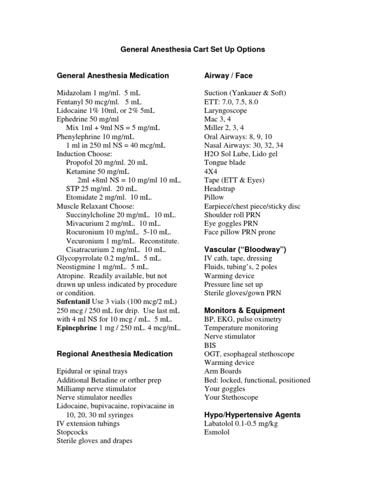 General Anesthesia Cart Setup Guide | PDF | Cooking, Food & Wine
