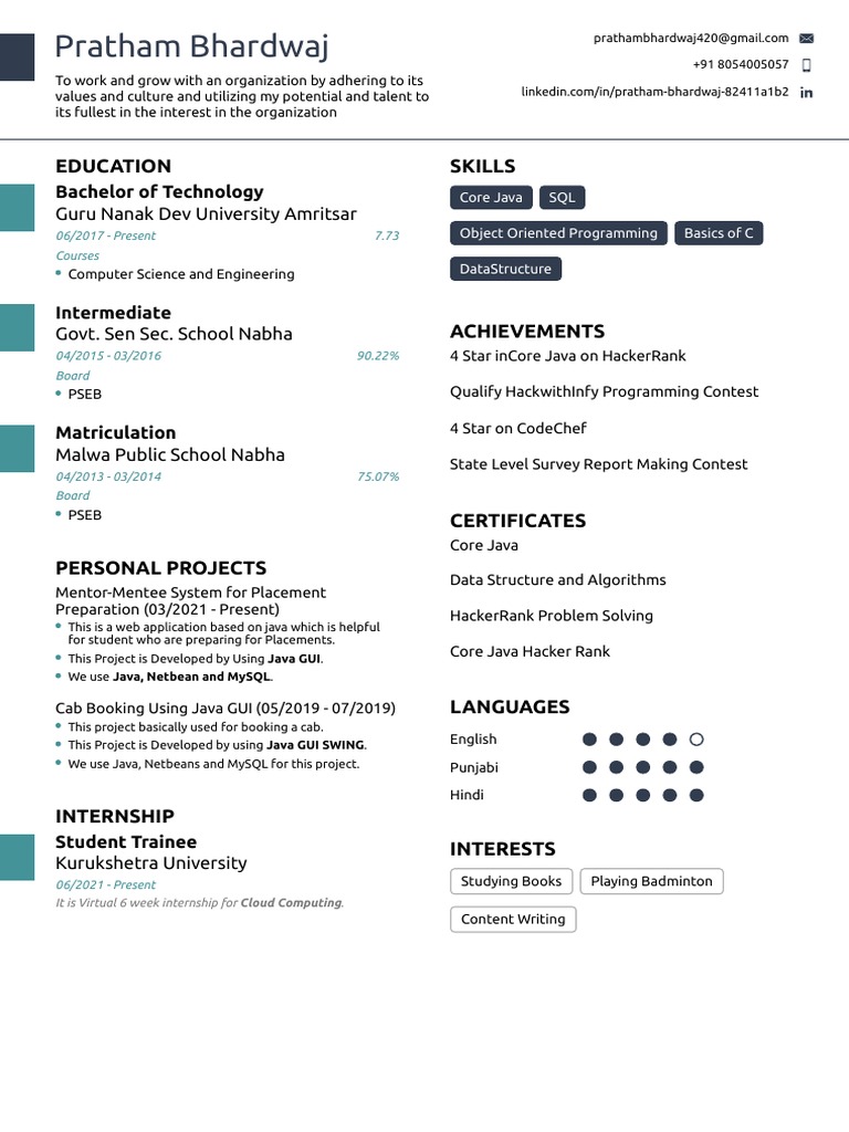 Pratham Bhardwaj's Resume: Seeking a Role to Utilize Skills in Core ...