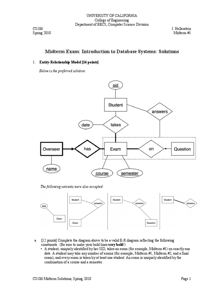 Midterm Exam: Introduction To Database Systems: Solutions: Below Is The ...
