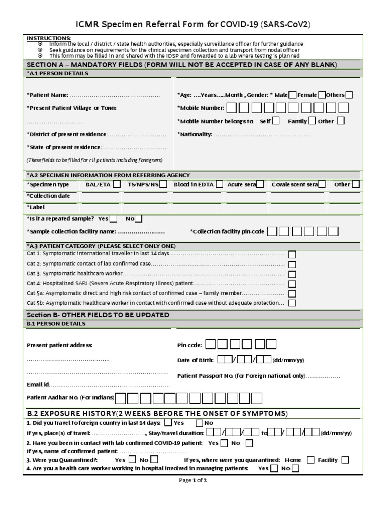 Icmr Specimen Referral Form For Covid-19 (Sars-Cov2) | Download Free ...