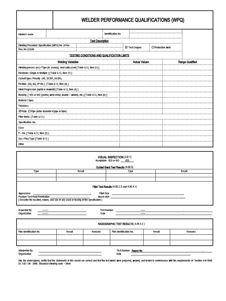 Welder Performance Qualifications (WPQ) : Test Description | PDF ...
