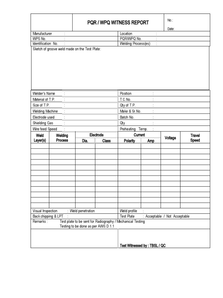 Witness Report for PQR/WPQ Testing Detailing Welding Parameters, Visual ...