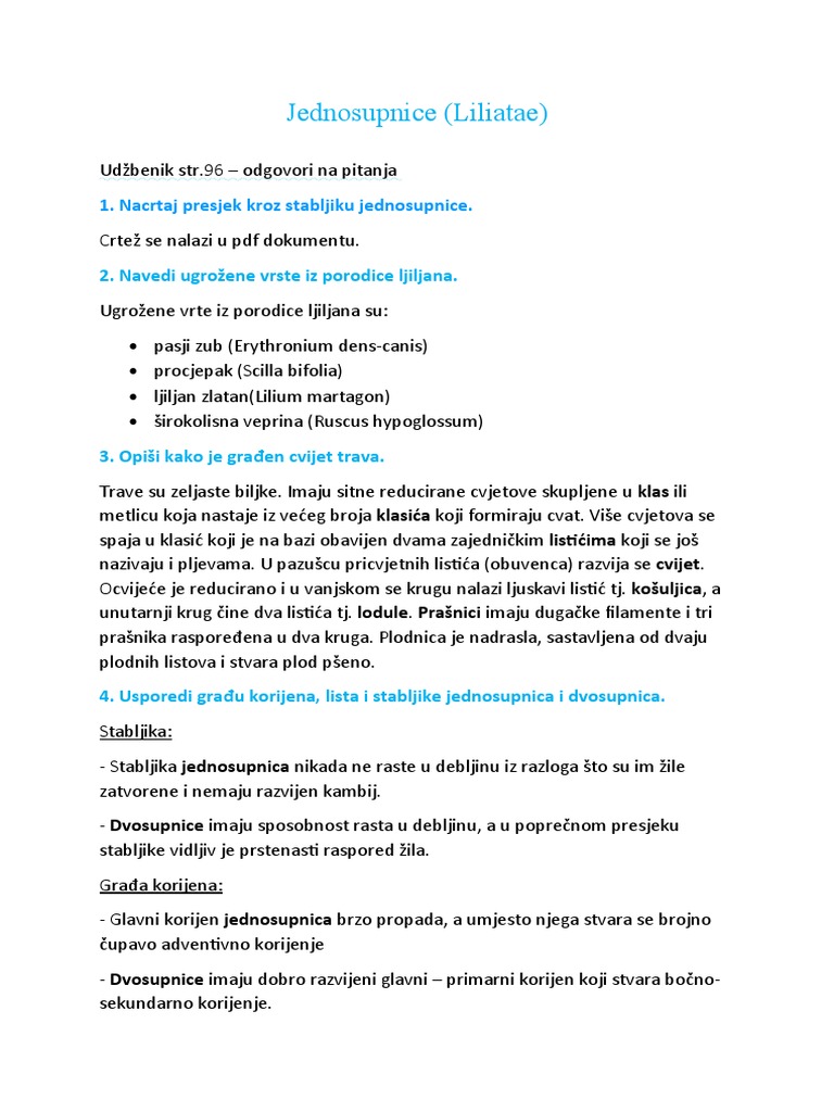 Jednosupnice-Biologijna 2 | PDF