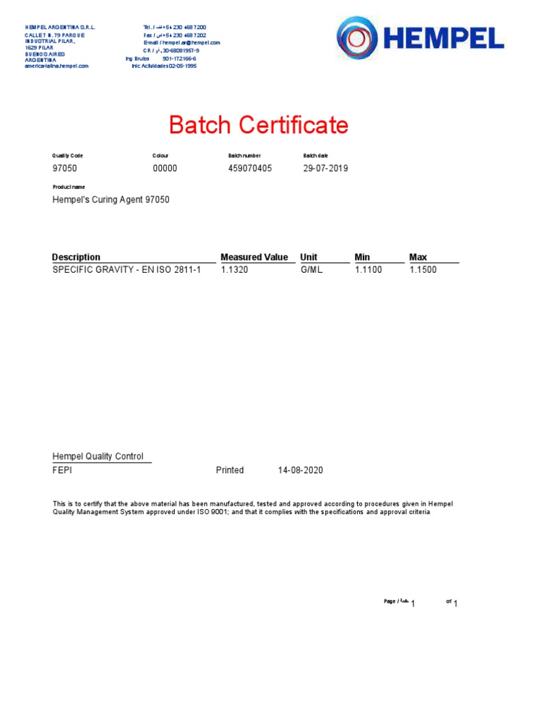 Batch Certificate: Quality Code Colour Batch Number Batch Date | PDF